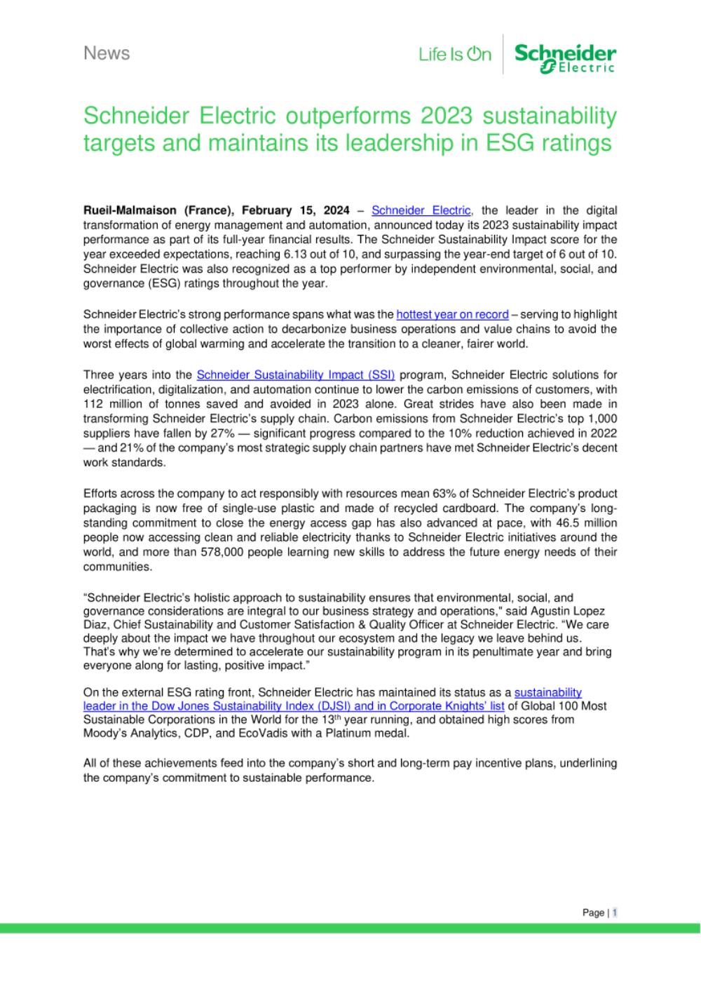 Schneider Electric outperforms 2023 sustainability targets and maintains its leadership in ESG ...