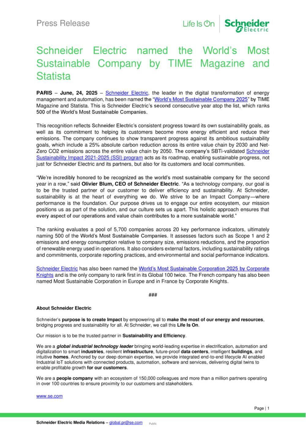 Schneider Electric named the World’s Most Sustainable Company by TIME Magazine and Statista ...
